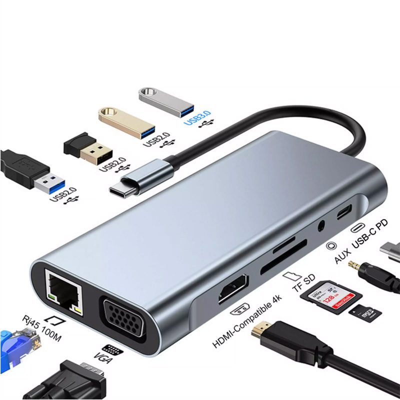 TYPE C 11 in 1 HUB (Type C to HDMI + VGA + LAN + SD/TF + AUX + USB*4 ...