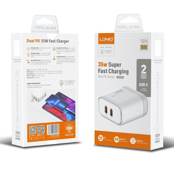 LDNIO A2528C 35W Dual USB-C Fast Charger - atozstore.pk